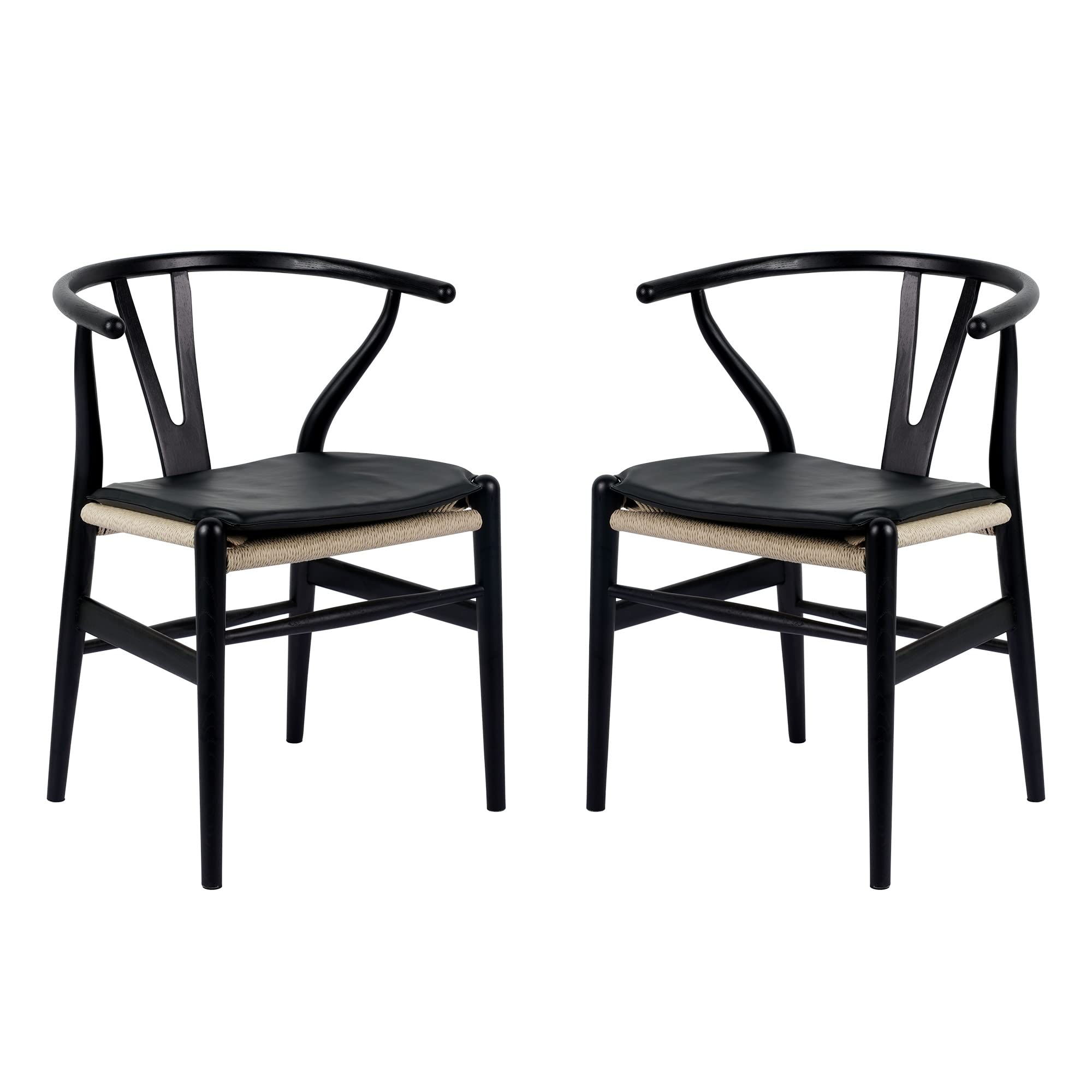 Forsho Set of 2 Solid Wood Wishbone Dining Chair with PU Soft Seat Cushion,Mid-Century Y Back Weave Dining Chair(Ash Wood - Black + Natural Cord + Cushion)