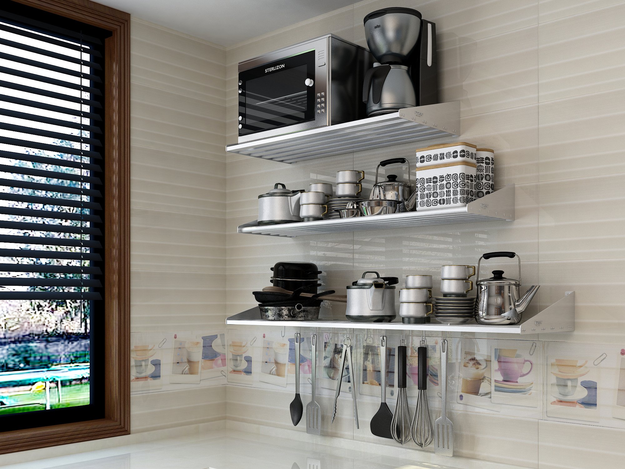 Mecete 304 Stainless Steel Standard Wall Shelf, Cookware Storage Organizer, Kitchen Wall Pot Pan Rack,With 6 Hooks, Capacity 200 lb (23.5" x 14") suitable for Electric Oven, Microwave oven
