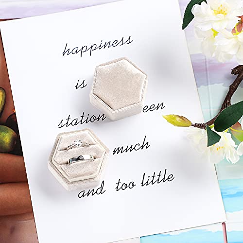 Etercycle Velvet Jewelry Ring Box, Hexagon Premium Gorgeous Vintage Double Ring Gift Box with Detachable Lid for Proposal Engagement Wedding Ceremony(Beige)