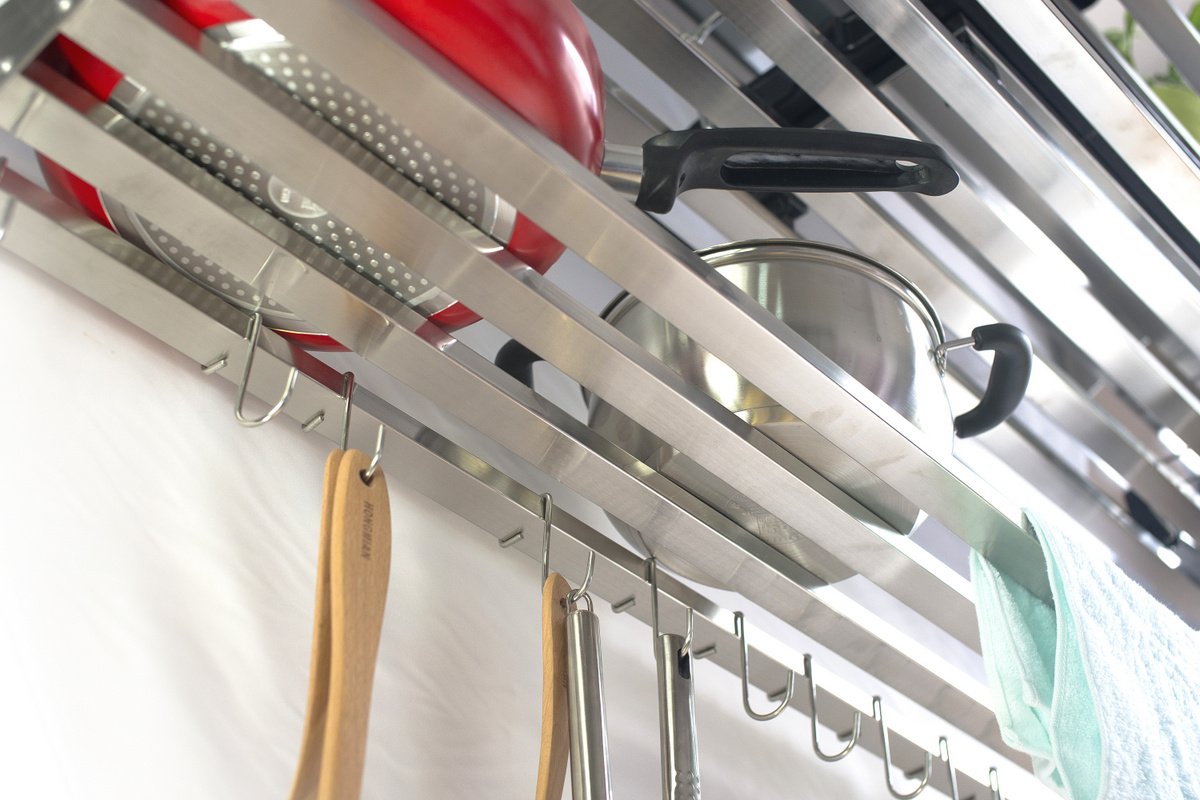 Mecete 304 Stainless Steel Standard Wall Shelf, Cookware Storage Organizer, Kitchen Wall Pot Pan Rack,With 6 Hooks, Capacity 200 lb (23.5" x 14") suitable for Electric Oven, Microwave oven