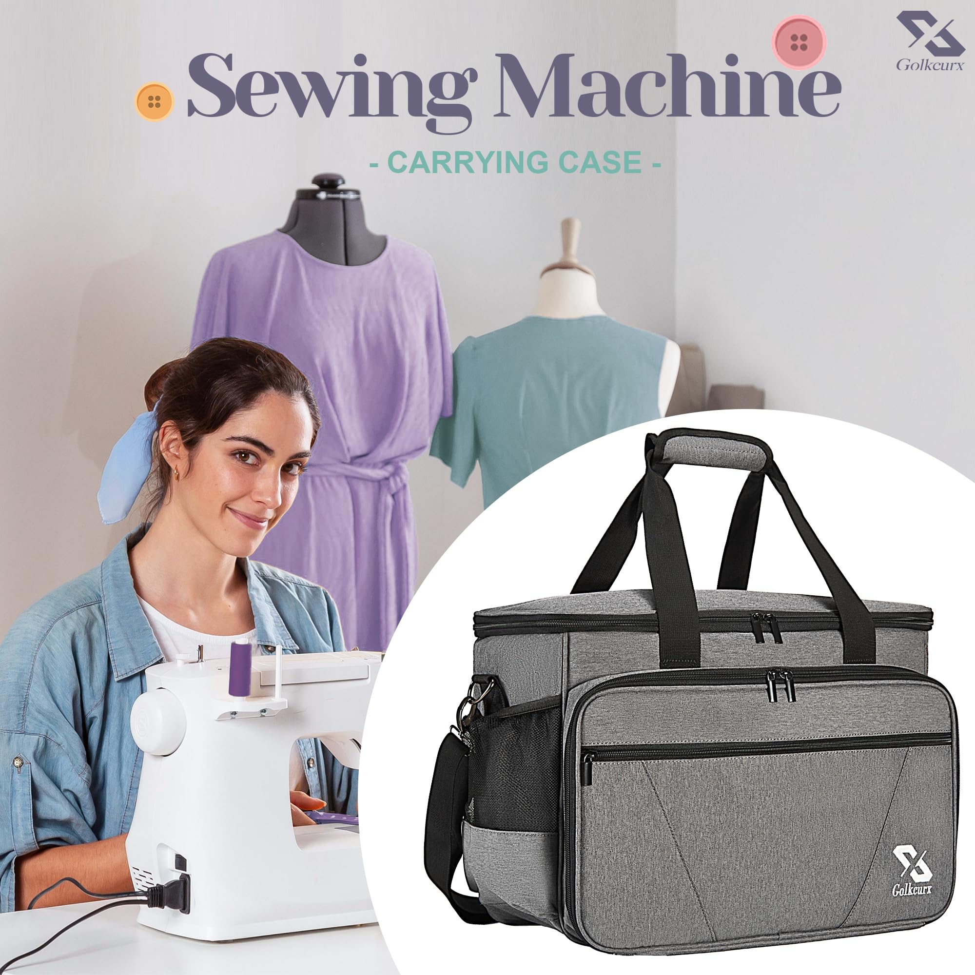 Golkcurx Sewing Machine Case with Removable Padding Pad, Tote Bag for Sewing Machine with Shoulder Strap for Most Standard Singer, Brother, Janome, Grey