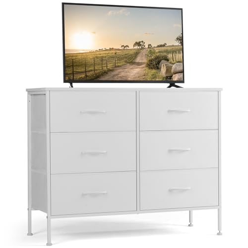 DUMOS Dresser for Bedroom with 6 Drawers, Clothes Drawer Fabric Closet Organizer, Cloth Dresser with Metal Frame and Wood Tabletop Chest Storage Tower for Kids Room, Nursery, Living Room, Entryway