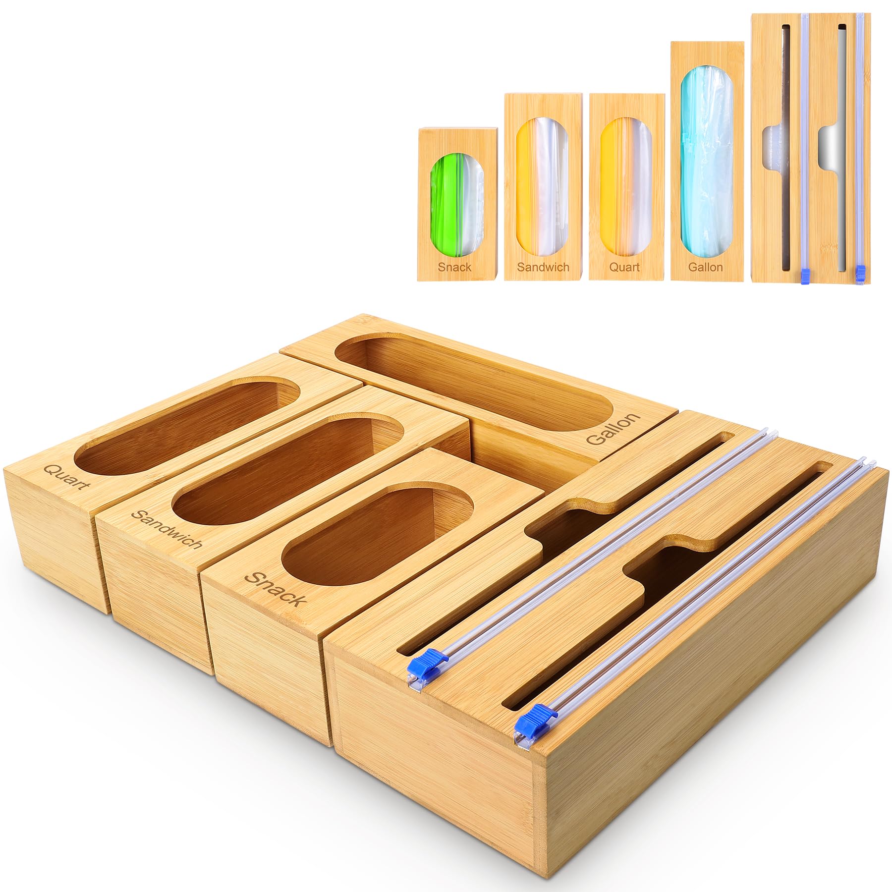 Openable Bamboo Ziplock Bag Storage Organizer & Foil and Plastic Wrap Organizer, Plastic Wrap Dispenser with Cutter and Ziplock Bag Organizer for Kitchen Drawer, 5 Baggie Organizer for Gallon,Quart,Sandwich,Snack