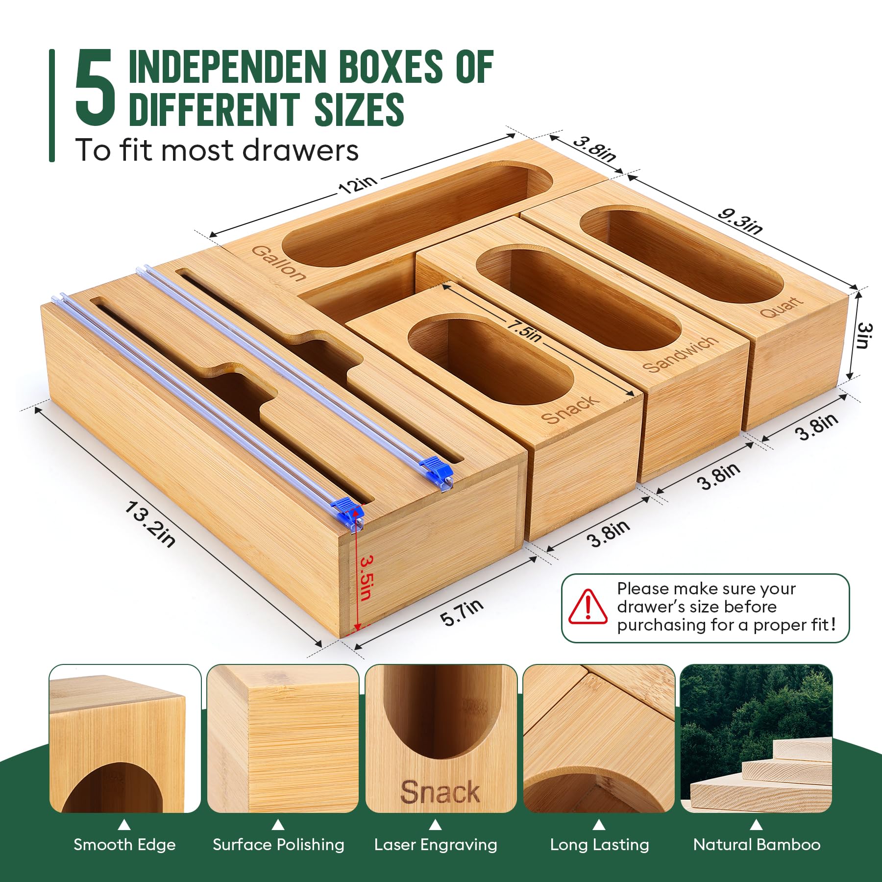Openable Bamboo Ziplock Bag Storage Organizer & Foil and Plastic Wrap Organizer, Plastic Wrap Dispenser with Cutter and Ziplock Bag Organizer for Kitchen Drawer, 5 Baggie Organizer for Gallon,Quart,Sandwich,Snack