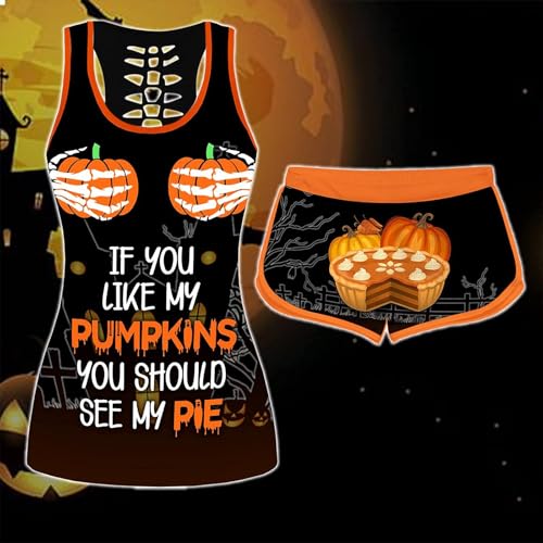 Women's Halloween Sleeveless Tank Top Set If You Like My Pumpkin Printing Drawstring Shorts Stretch Bottoms Suits (Orange-1, M)