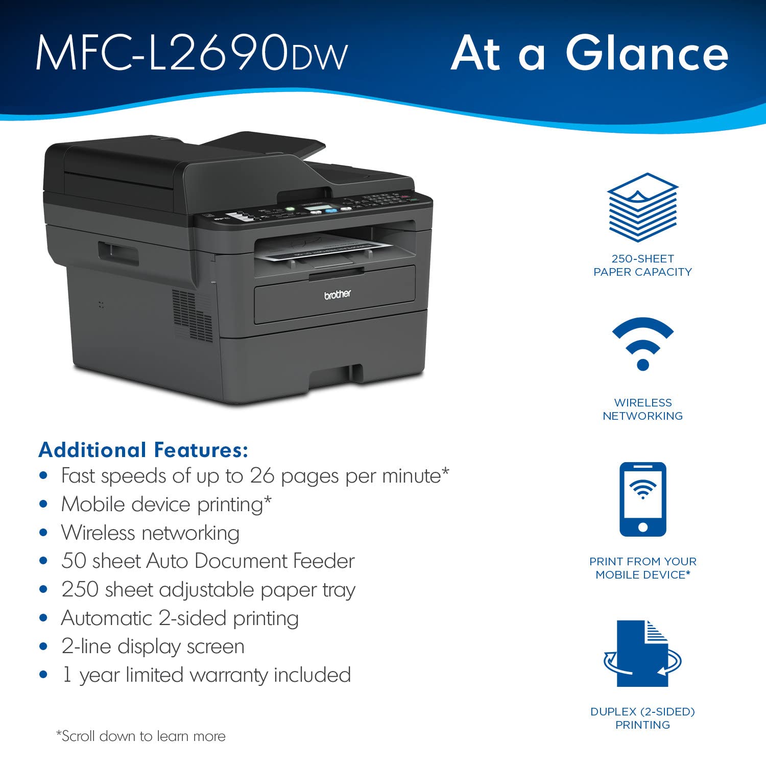 Brother MFC-L2690DW All-in-One Wireless Monochrome Laser Printer, Black - Print Copy Scan Fax - 26 ppm, 2400 x 600 dpi, 50-Sheet ADF, Auto Duplex Printing, LCD Screen, Cbmoun