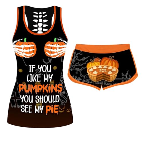 Women's Halloween Sleeveless Tank Top Set If You Like My Pumpkin Printing Drawstring Shorts Stretch Bottoms Suits (Orange-1, M)