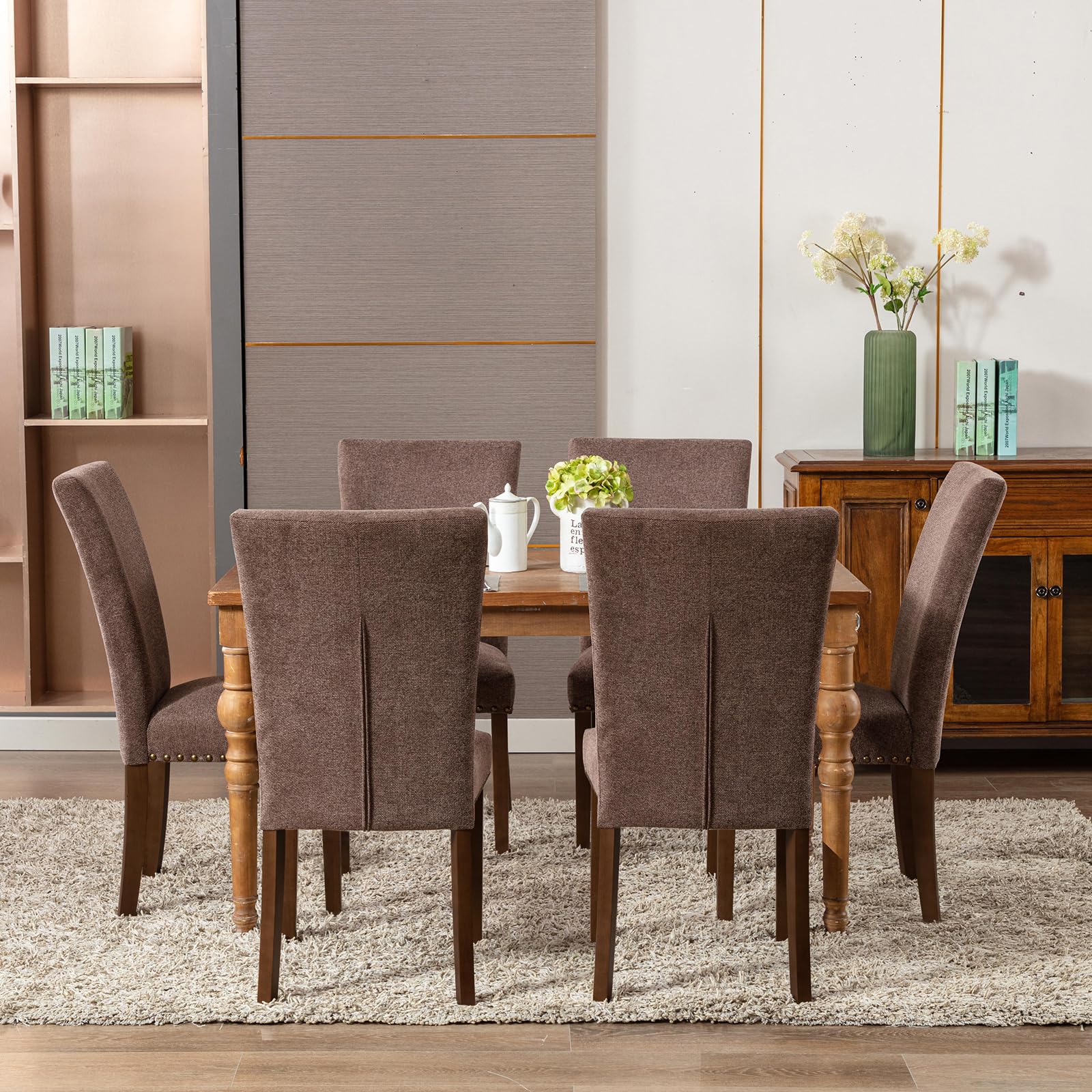 COLAMY Upholstered Parsons Dining Chairs Set of 4, Fabric Dining Room Kitchen Side Chair with Nailhead Trim and Wood Legs - Brown