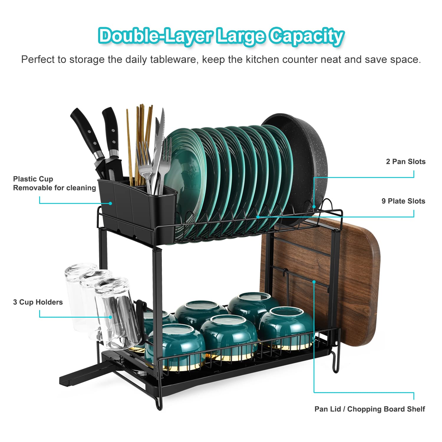 aceyoon 2 Tier Dish Drying Rack for Kitchen Counter with Swivel Spout, Detachable Dish Rack and Drainboard, Dish Drainer Organizer with Cup Utensil Cutting Board Holder (17.52 x 9.96 x 14.56inch)