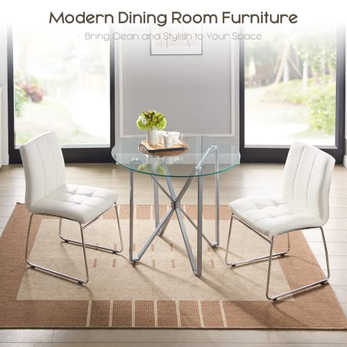 SICOTAS Modern Dining Chairs Set of 2, Dining Room Chairs with Faux Leather Padded Seat Back in Checkered Pattern and Sled Chrome Legs, Kitchen Chairs for Dining Room, Kitchen, Living Room,White Chair