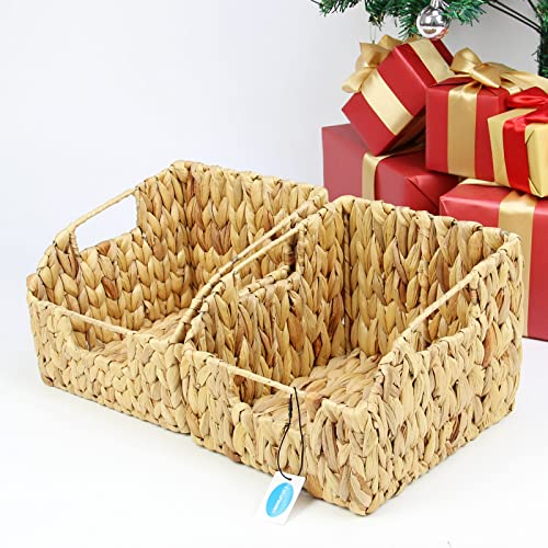 Casaphoria Square Irregular Hyacinth Storage Baskets Natural Hand Woven Water Hyacinth Snacks Basket Durable Rectangular Fruits Baskets with Built-in Handles Towel Toilet Paper Basket,2-Pack