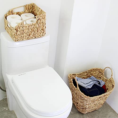 Casaphoria Square Irregular Hyacinth Storage Baskets Natural Hand Woven Water Hyacinth Snacks Basket Durable Rectangular Fruits Baskets with Built-in Handles Towel Toilet Paper Basket,2-Pack
