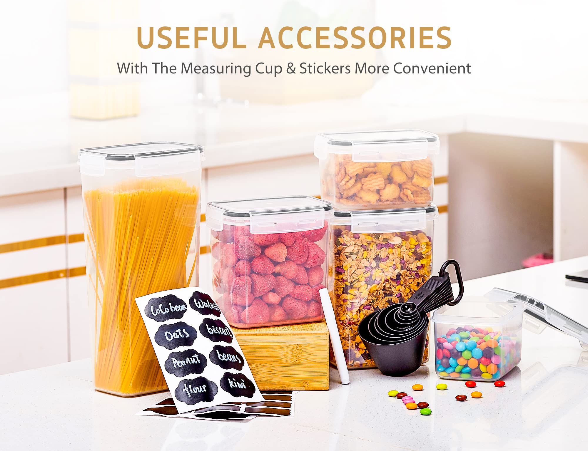 Syntus Cereal Containers Storage Set, 16 Pcs Airtight Pantry Organization and Plastic Kitchen Pasta Food Storage Container with Lids (28L), Labels & Spoon Included