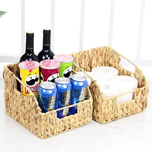 Casaphoria Square Irregular Hyacinth Storage Baskets Natural Hand Woven Water Hyacinth Snacks Basket Durable Rectangular Fruits Baskets with Built-in Handles Towel Toilet Paper Basket,2-Pack