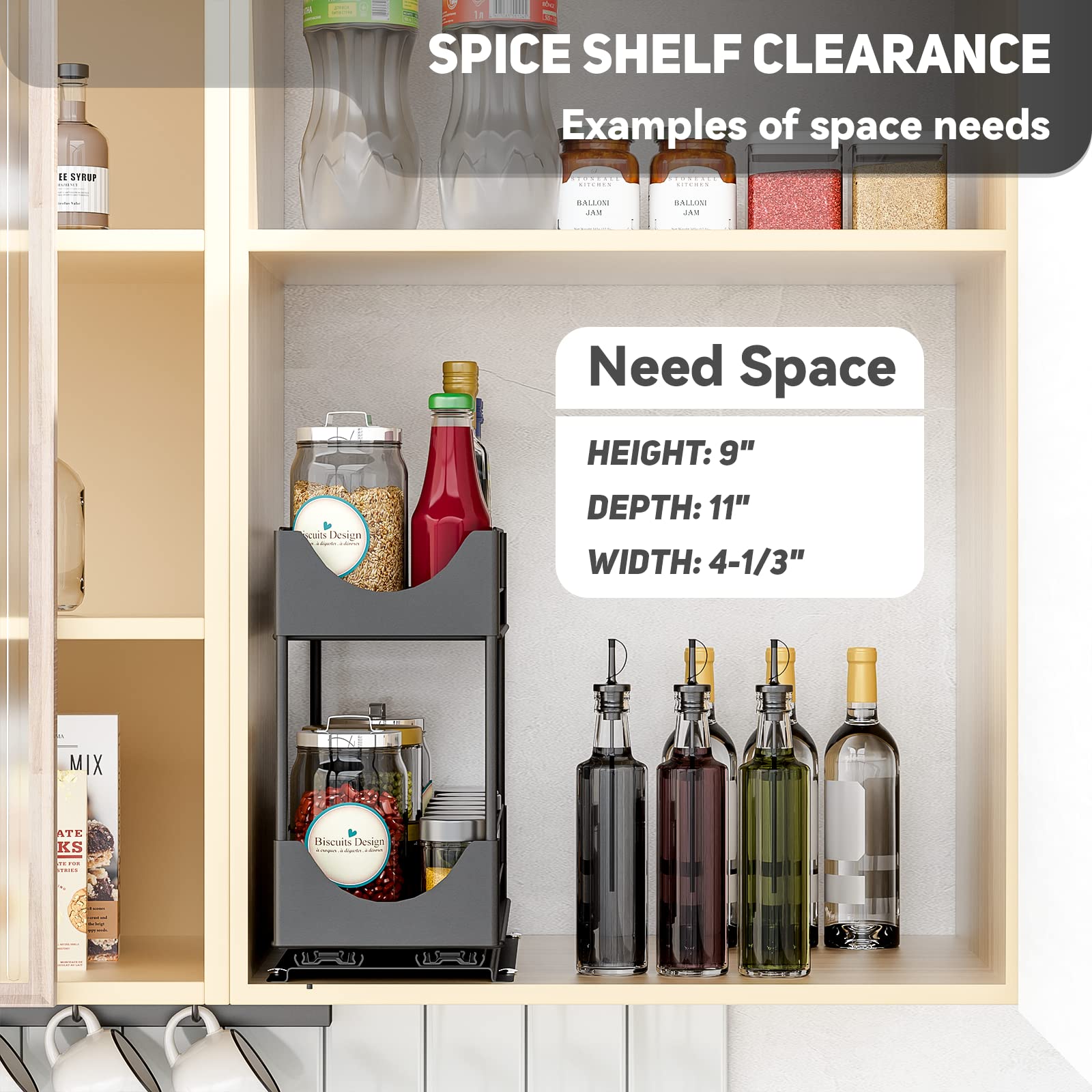 Amazer Pull Out Spice Rack Organizer for Cabinet, Slide Out Spice Rack Organizer for Cabinet, 2-Tier Spice Rack for Kitchen, Adjustable Sides, Narrow Spice Organizer, 4" W x 11" D x 9" H