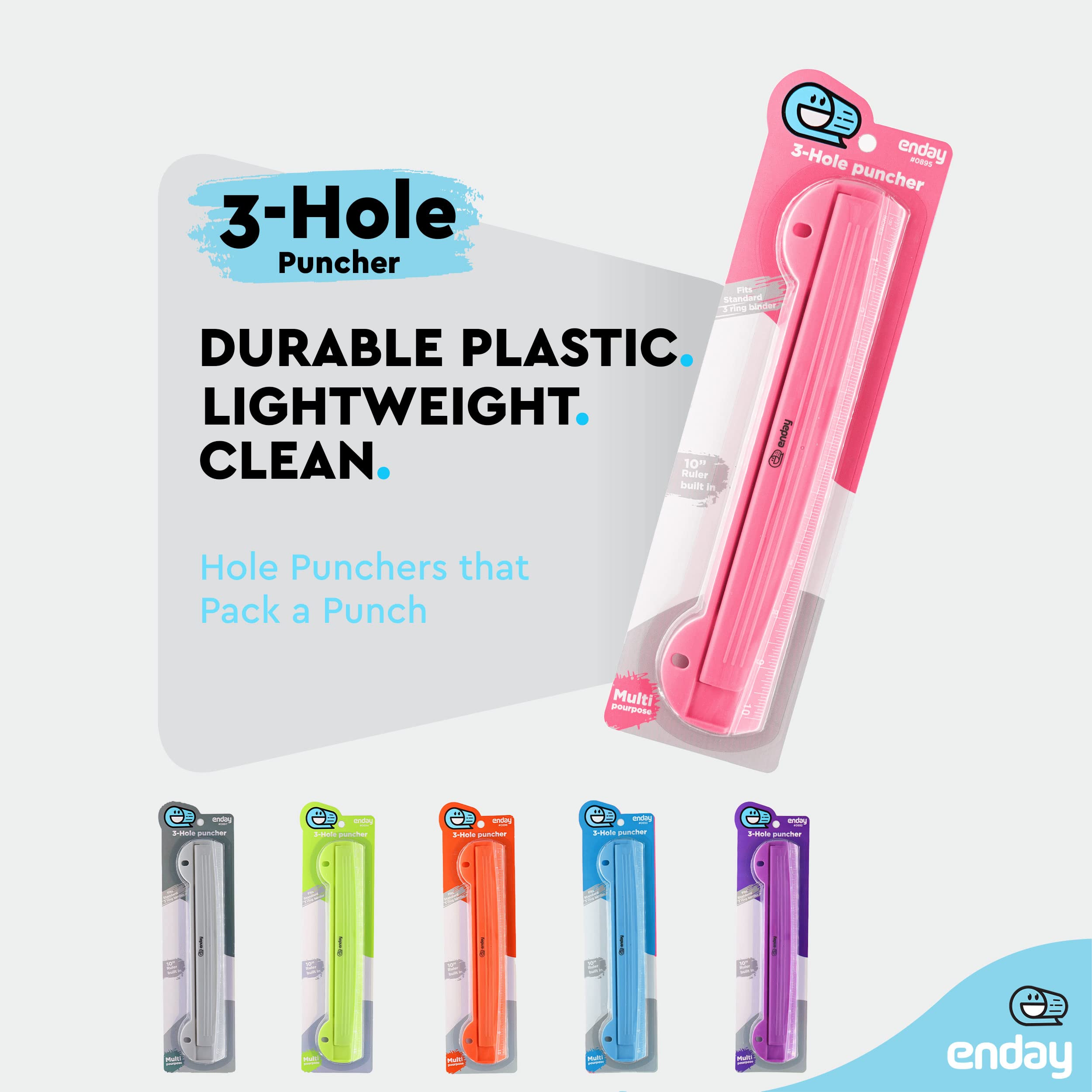 3 Hole Punch Pink, Portable Hole Puncher for 3 Ring Binder, 5 Sheets Capacity, Removable Chip Tray, 10” Ruler for School, Office, Also Available in Purple, Blue, Green, Red, Grey, 1 Pc-by Enday