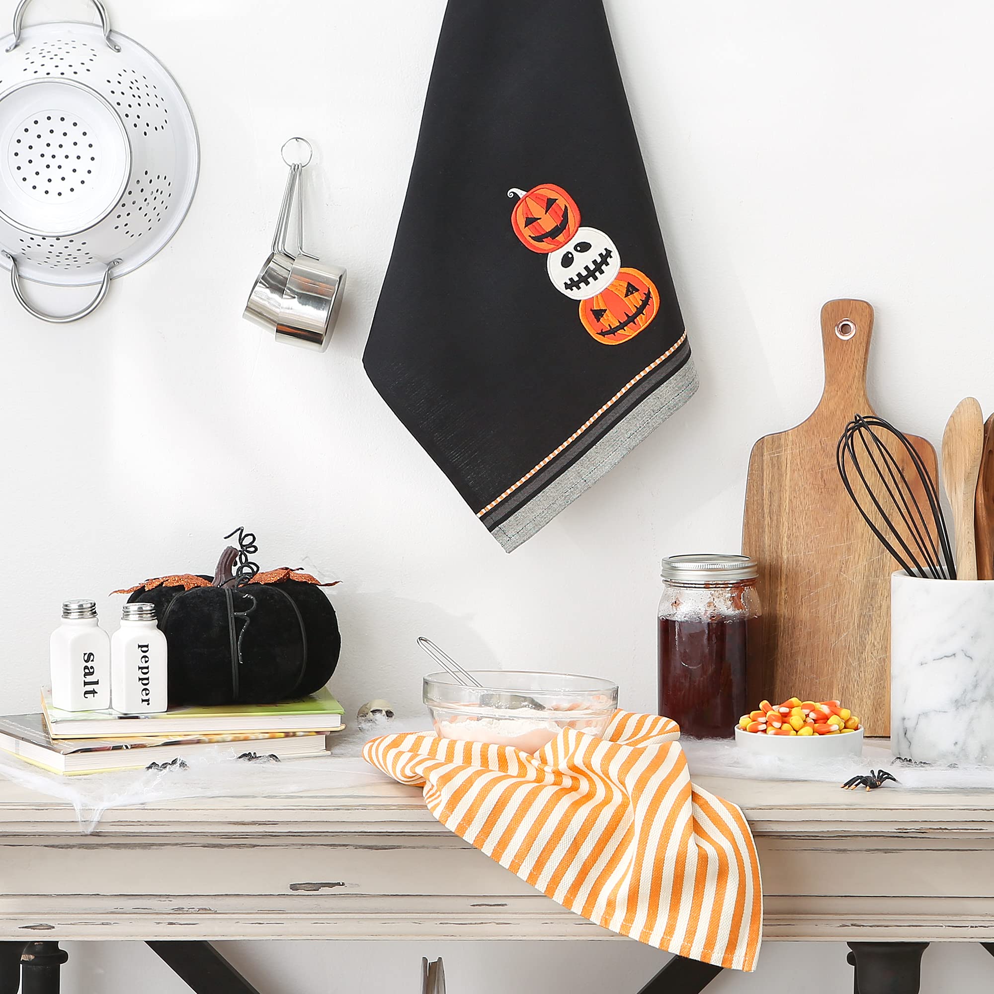 DII Spooky Kitchen Towel Collection Halloween Décor Printed Dishtowel Set, 18x28, Jack-O-Lantern Stripe, 2 Count