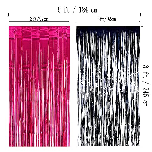 MORANTI 2 Pack 3 ft x 8 ft Metallic Tinsel Foil Fringe Curtains Party Backdrop for Birthday Party Photo Backdrop Decorations (Hot Pink, Black)