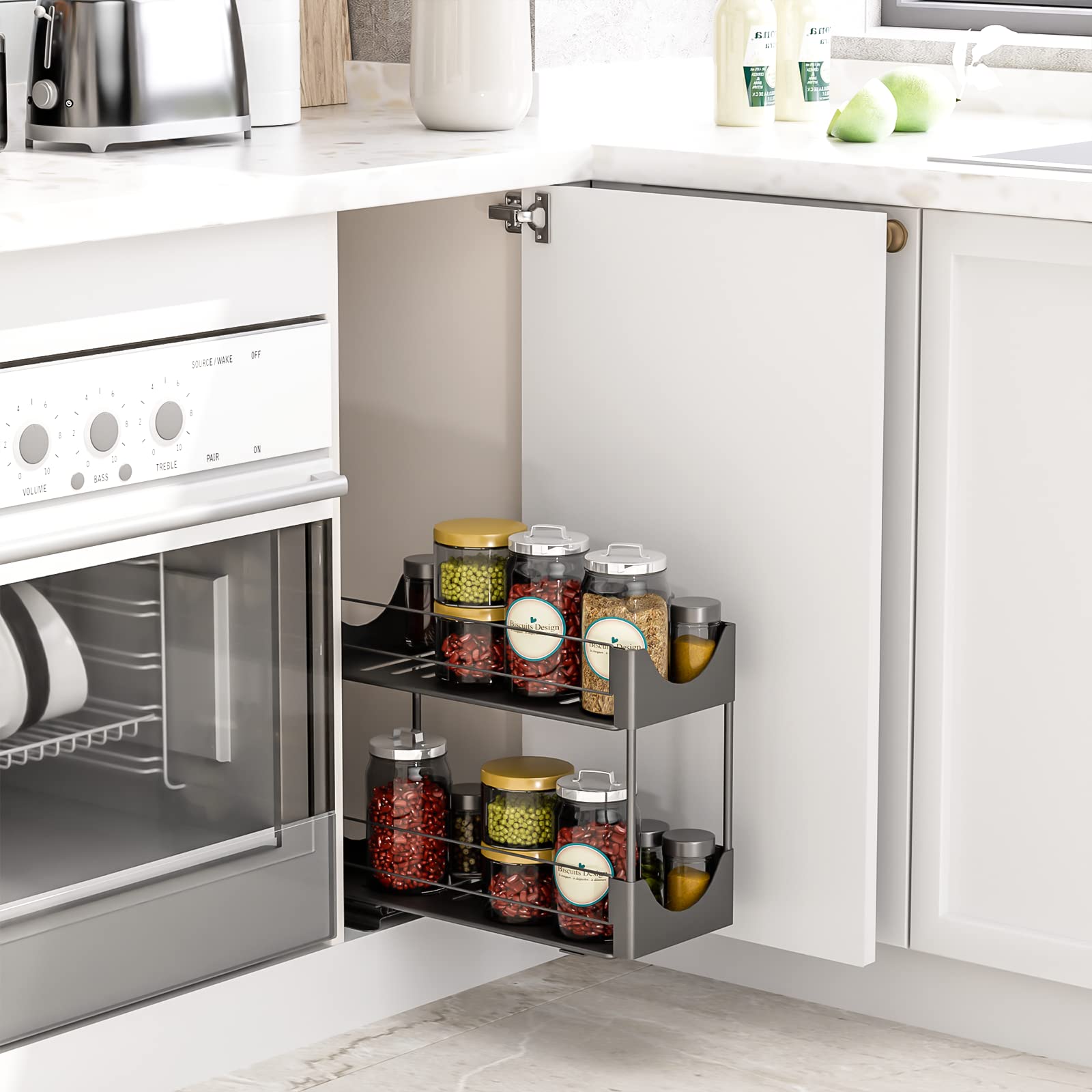 Amazer Pull Out Spice Rack Organizer for Cabinet, Slide Out Spice Rack Organizer for Cabinet, 2-Tier Spice Rack for Kitchen, Adjustable Sides, Narrow Spice Organizer, 4" W x 11" D x 9" H