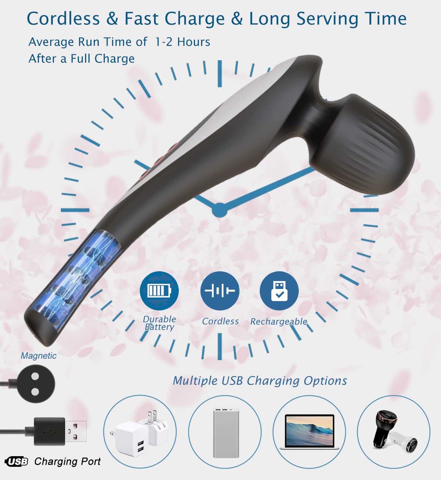 Roysmart Personal Handheld Vibrating Massager-Cordless Electric Muscle Deep Tissue Massager for Neck Back Shoulder Foot, Portable Seven Wand Massager for Full Body (Black)