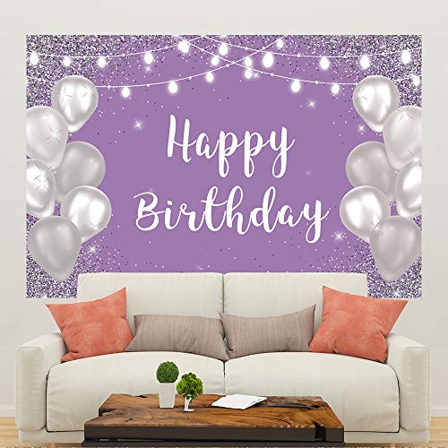 5×3ft Violet Purple Silver Happy Birthday Backdrop Girls Silver Balloon White Lights Girls 16th 20th 30th Birthday Party Banner Decorations Background Portrait Studio Props
