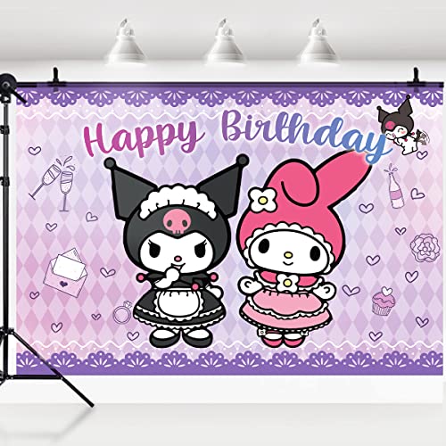 5x3FT Purple Themed Birthday Party Supplies, Cute Cartoon Birthday Banner, Anime Birthday Decorations Backdrop for Girls, Kawaii Themed Background for Party
