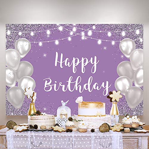 5×3ft Violet Purple Silver Happy Birthday Backdrop Girls Silver Balloon White Lights Girls 16th 20th 30th Birthday Party Banner Decorations Background Portrait Studio Props