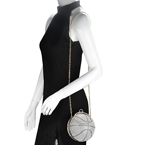 Clutch Purses for Women Evening, Small Basketball Rhinestone Lady Party Wedding Bag, Crossbody Shoulder Ring Handle Handbag (Silver)