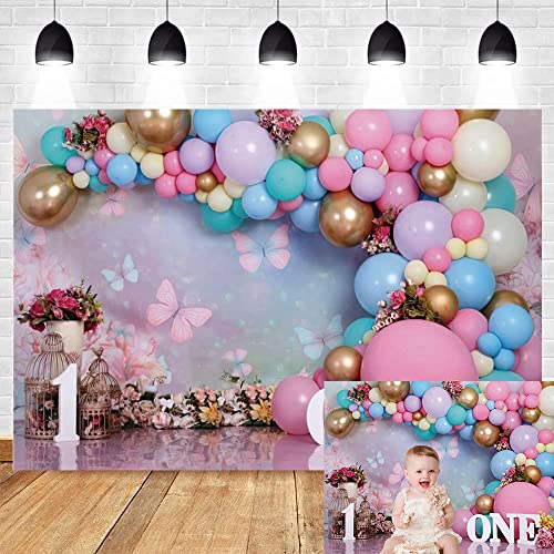 First Birthday Backdrop for Girl Pink Purple Balloon Backdrops for Photography Cake Smash Background for Baby Girl Flowers Butterfly Kids1st Birthday Banner Decorations 7x5ft