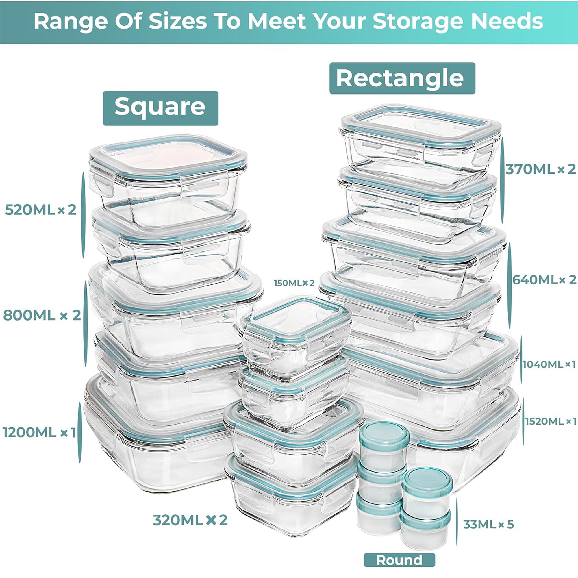 Razab 35 Pc Set Glass Food Storage Containers with Lids - Glass Meal Prep Containers Airtight Glass Bento Boxes BPA-Free 100% Leak Proof (15 lids,15 glass & 5 Plastic Sauce/Dip Containers)