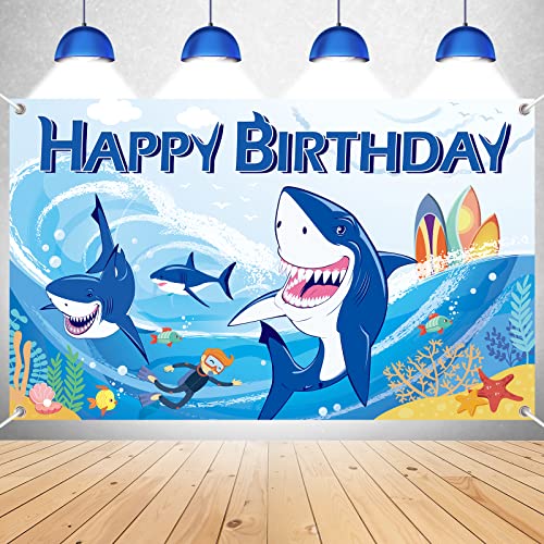 Shark Backdrop for Photo Booth, Shark Happy Birthday Banner, Shark Themed Under The Sea Background Birthday Sign Party Decorations Supplies for Boys Kids, 71 x 43 Inches