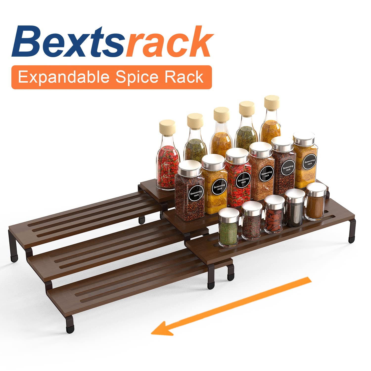 Bextsrack Spice Rack Organizer for Cabinet, Bamboo 3-Tier Expandable Seasoning Display Step Shelf for Kitchen Pantry Countertop Cupboard