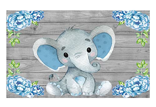 Allenjoy Rustic Grey Wood Elephant Backdrop Supplies for Baby Shower Blue Floral It's a Boy Newborn Kids Birthday Party Decorations Studio Cake Smash Candy Dessert Photography Banners Props