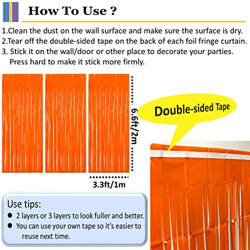 Vanujoy 3 Pack 3.3ft x 6.6ft Orange Foil Fringe Backdrop Curtains Party Decoration for Birthday Bachelorette Party Engagement Bridal Shower Baby Shower Graduation