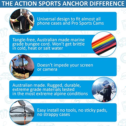 Action Sports Phone Anchor β Tough Outdoors Aussie Made Lanyard & Anti-Tangle Bungie Cord Leash Securely Tether Your Phone ProCam Keys Wallet (Orange)