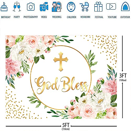 Ticuenicoa 5x3ft Baptism Backdrop for Girl First Communion Background Pink and Gold God Bless Back Drop Christening Photography Decorations Baby Shower Party Banner 1st Birthday Photo Favors