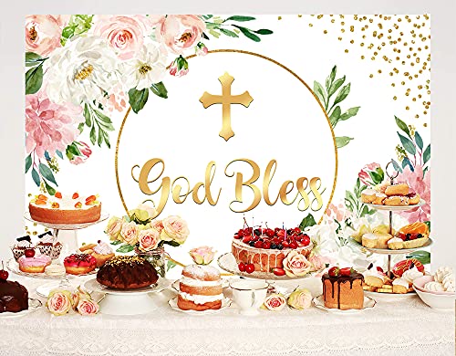 Ticuenicoa 5x3ft Baptism Backdrop for Girl First Communion Background Pink and Gold God Bless Back Drop Christening Photography Decorations Baby Shower Party Banner 1st Birthday Photo Favors