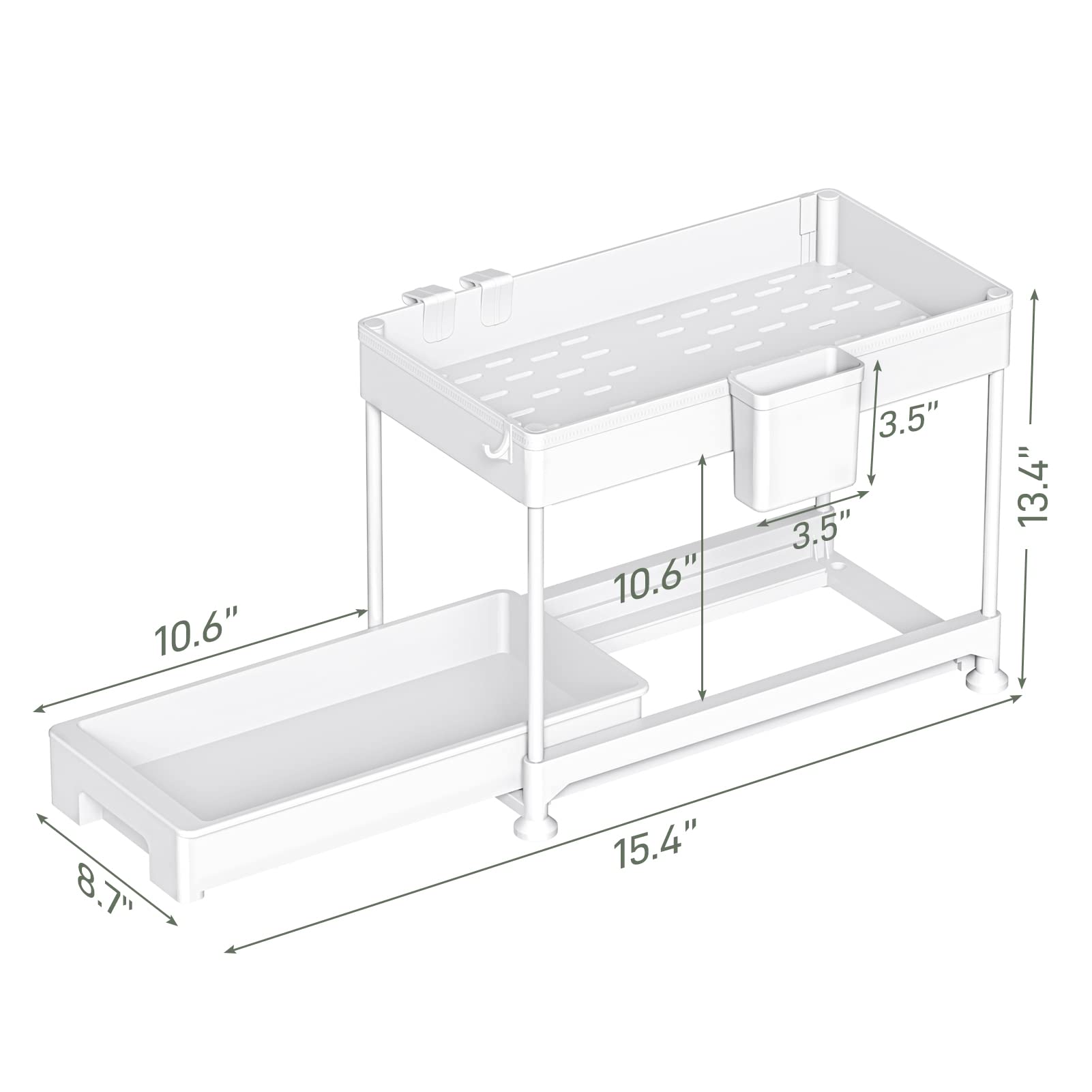 SPACELEAD Under Sink Organizers and Storage, Under Sliding Cabinet Basket Organizer, 2 Tier Under Sink Storage for Bathroom Kitchen with Hooks, Hanging Cup, The Bottom Can Be Pulled Out White