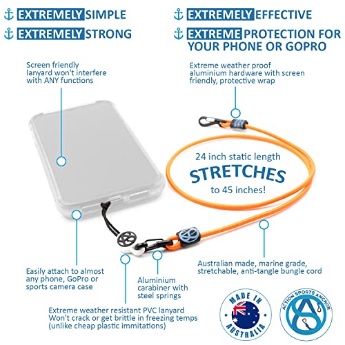 Action Sports Phone Anchor β Tough Outdoors Aussie Made Lanyard & Anti-Tangle Bungie Cord Leash Securely Tether Your Phone ProCam Keys Wallet (Orange)