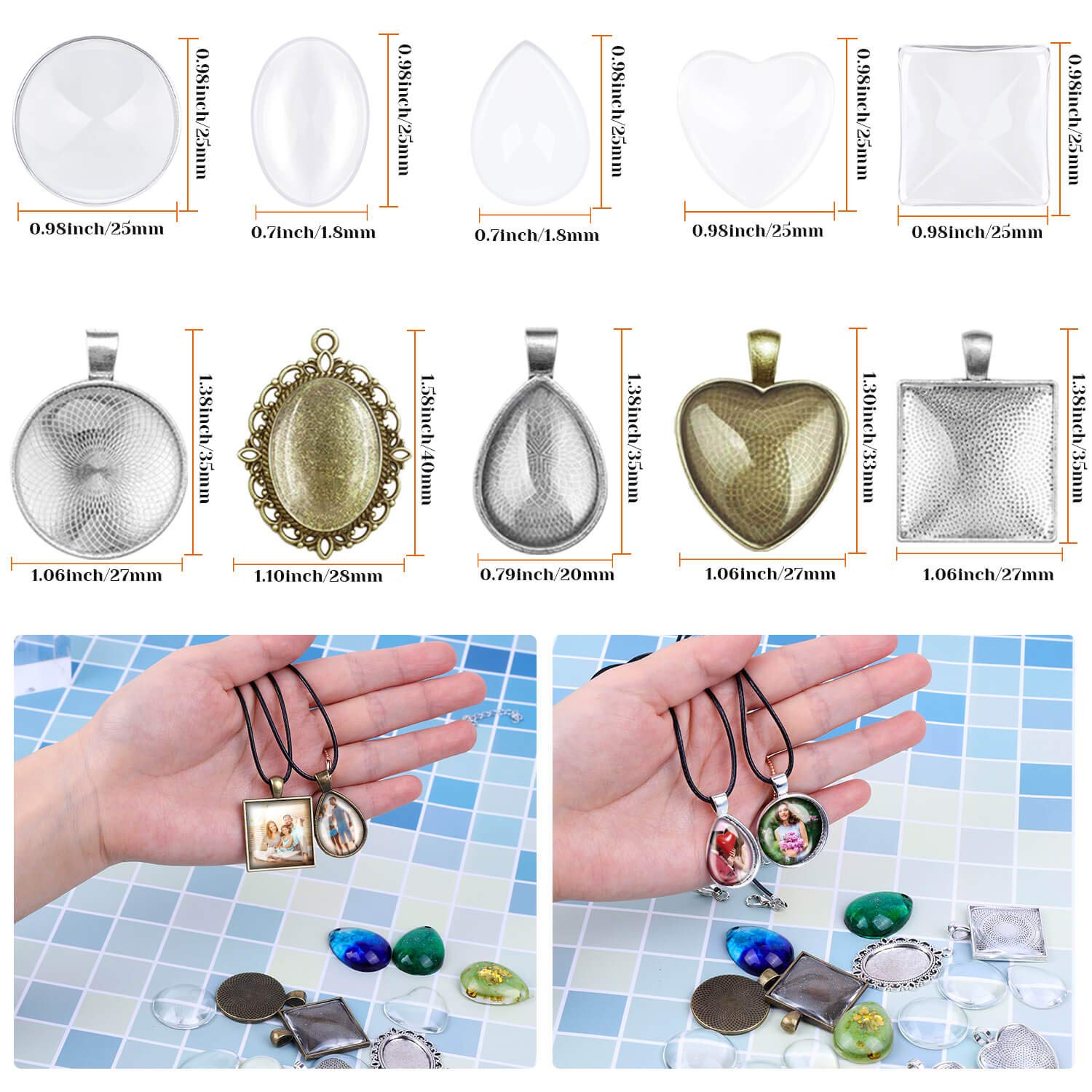 Pendant Trays with Glass Cabochons for Jewelry Making, Anezus 90pcs Pendants Trays Set Including 30pcs Bezel Pendant Trays Blanks, 30pcs Glass Cabochons and 30pcs Necklaces Cords for Necklace Making