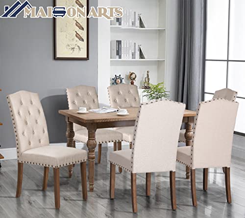 MAISON ARTS Upholstered Parsons Dining Chairs Set of 6, Linen Fabric Dining Room Chairs with Nailhead Trim and Solid Wood Legs Dining Room Kitchen Side Chairs (Beige)