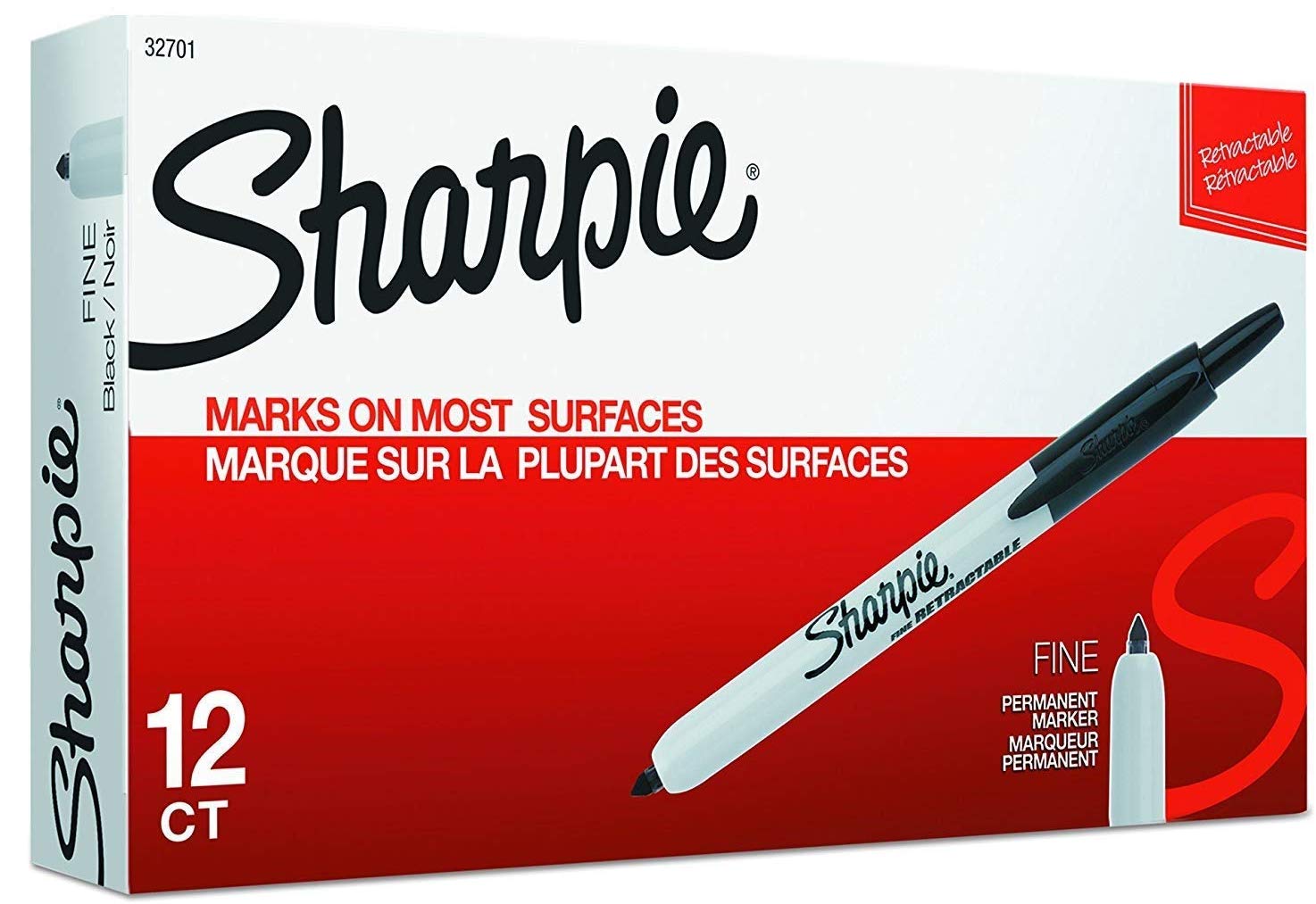 Sharpie 32701 Retractable Permanent Markers, Fine Point, Black, 12 Count Box - 1 Pack - Total Marker Count 12 Markers