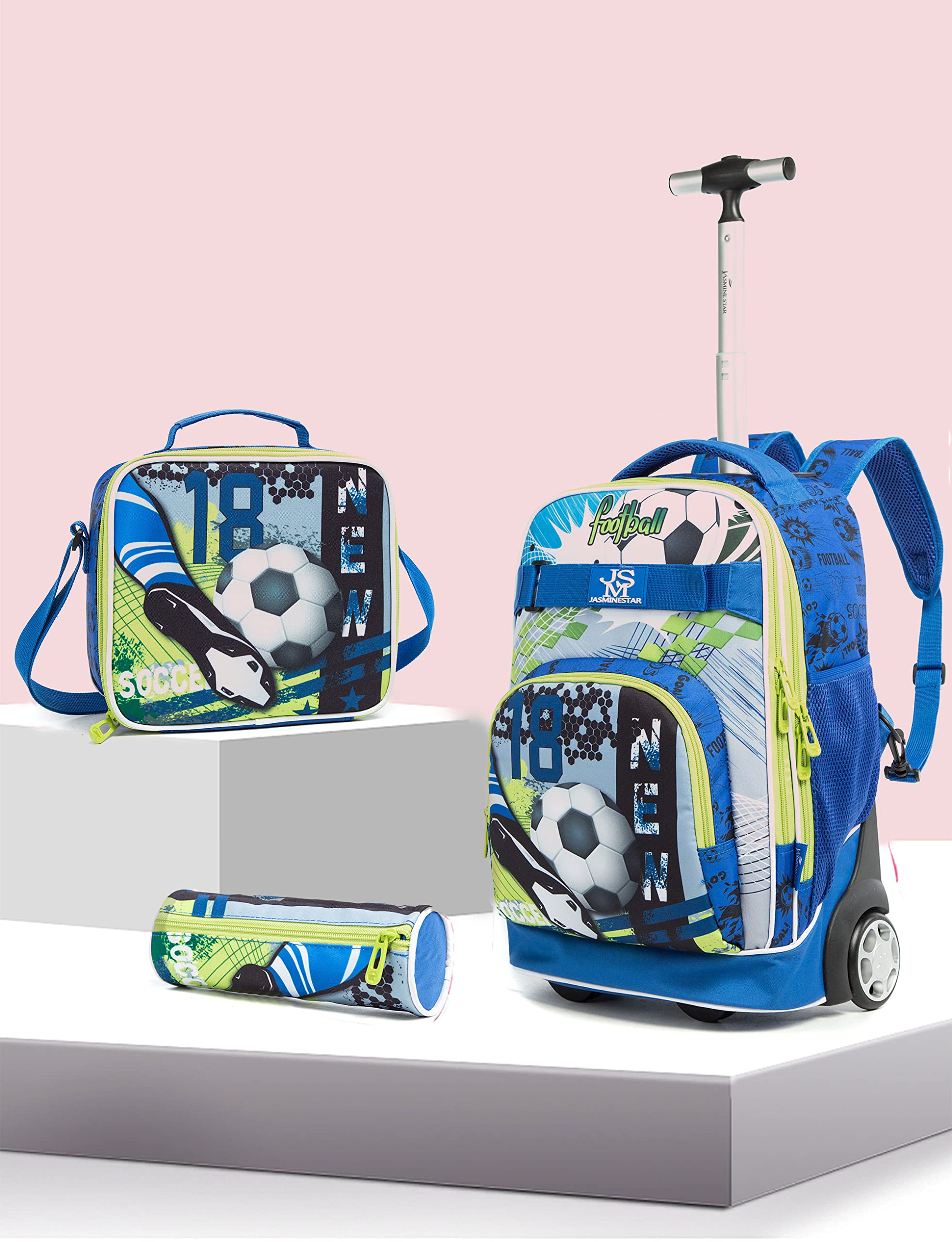 MOHCO 19 inch Rolling Backpack Set Wheeled School Book bag with Insulated Lunch Bag and Pencil Case (Football)