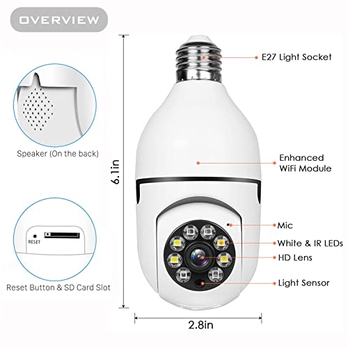 5G Light Bulb Home Security Camera, Wireless Video Surveillance Lightbulb Cameras, PTZ WiFi Panorama Camera with E27 Lamp Base, Full Color Night Vision & Two Way Audio