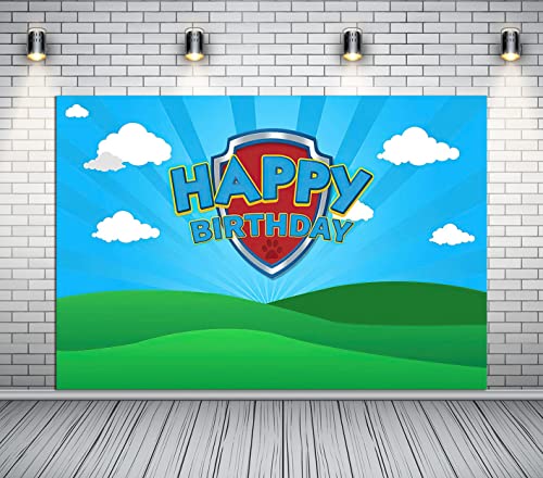 5x3ft Puppy Dog Happy Birthday Photography Backdrops Shield Blue Sky Boys Birthday Party Table Banner Background for 1st