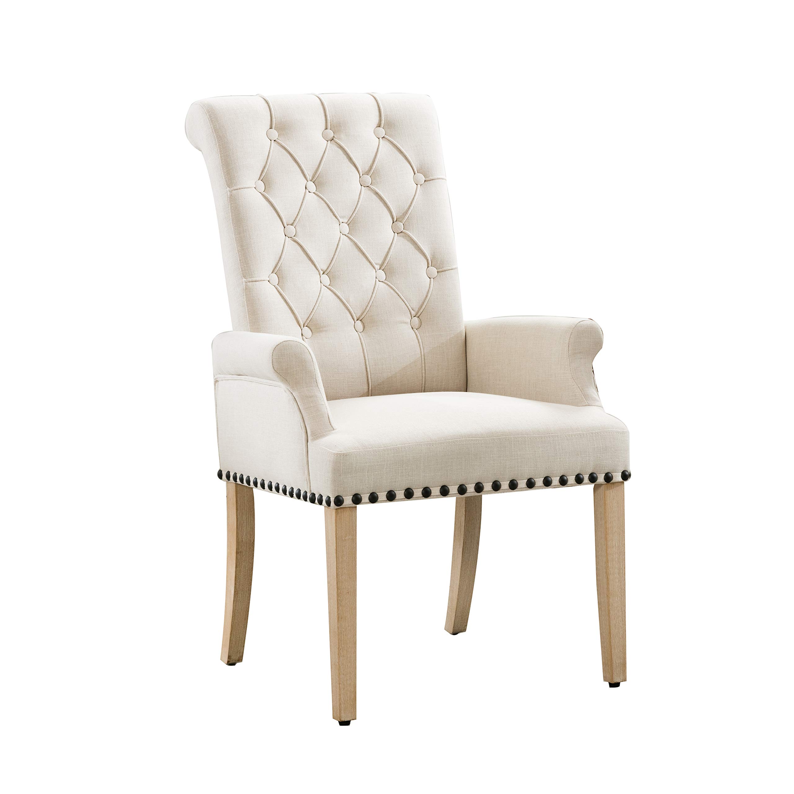 Dining Room Chairs with Arms,Tufted Upholstered High Back Nailed Trim with Untique Oak Wood Legs for Kitchen Restaurant Room Bedroom (Beige)