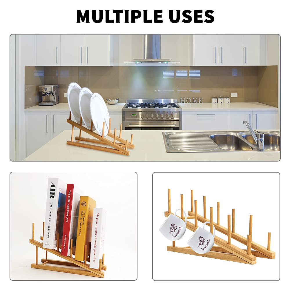 TIE-DailyNec 2 PCS Wooden Dish Rack Bamboo Drying Rack Dish Plate Rack Stand Pot Lid Holder Kitchen Cabinet Organizer for Dish Plate Bowl Cup Pot Lid Cutting Board
