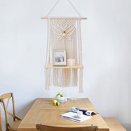 BIGEBO Macrame Wall Hanging Shelf, Handmade Hanging Shelves Floating Wood shelve Butterfly Wall Decor for Bedroom Living Room Boho Bathroom Decor Plants (White)