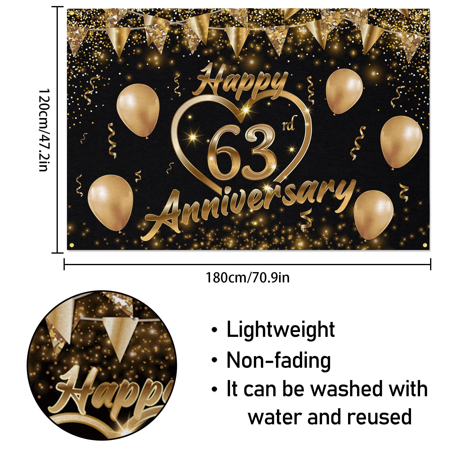Happy 63rd Anniversary Backdrop Banner Decor Black Gold – Glitter Love Heart Happy 63 Years Wedding Anniversary Party Theme Decorations for Women Men Supplies, 3.9 x 5.9 ft