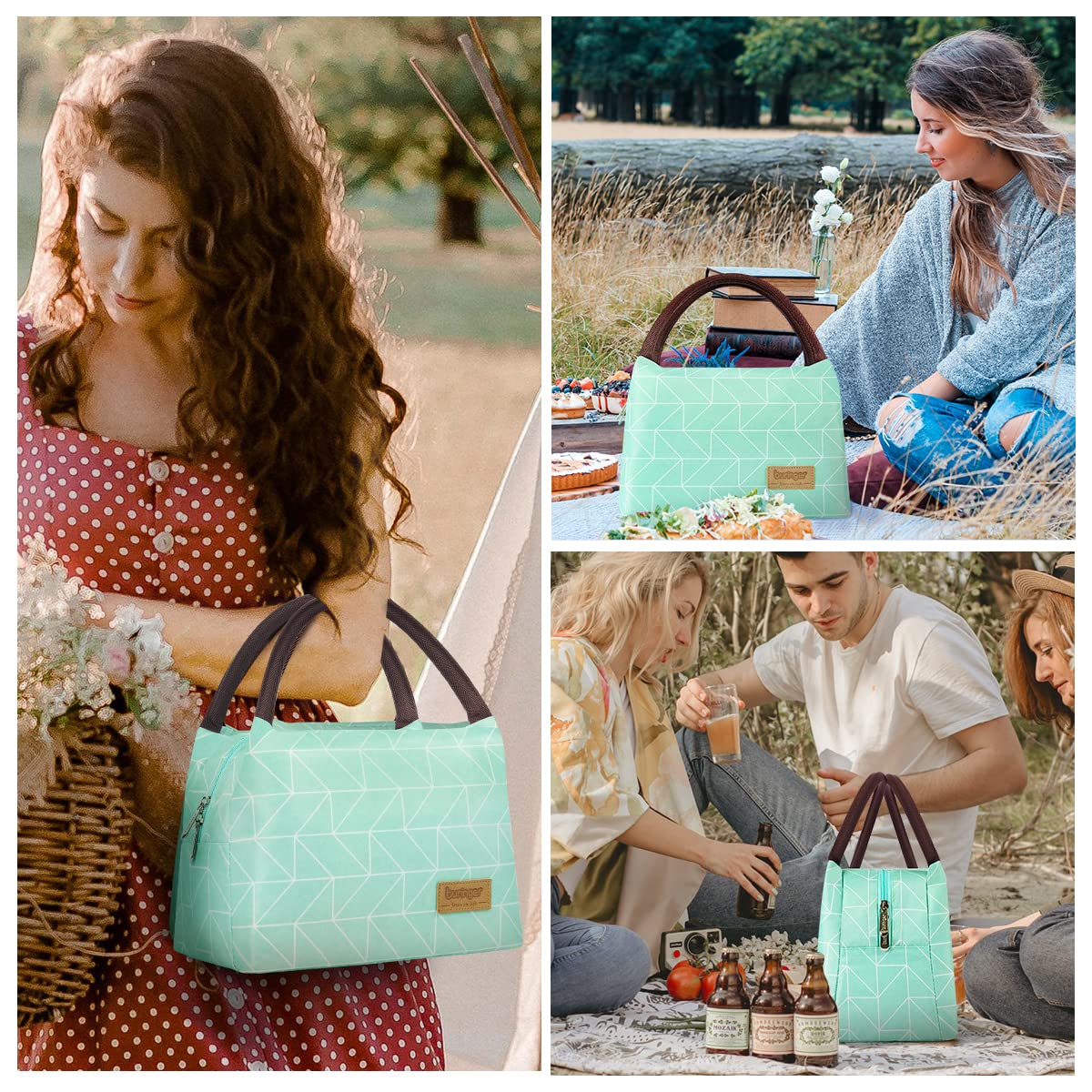 Buringer Reusable Insulated Lunch Bag Cooler Tote Box Meal Prep for Men & Women Work Picnic or Travel (Geometry Green)